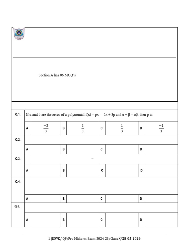 5288963-CL10 - QP - Pre MT - Math - 2024-25 | PDF | Factorization | Quadratic Equation