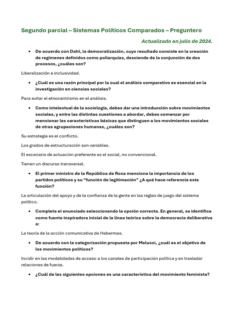 Preguntero Sistemas Políticos Comparados Segundo Parcial | PDF | Democracia | Ideologías políticas