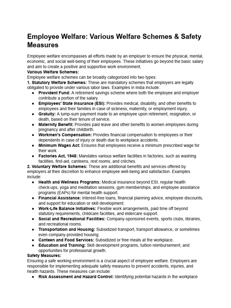 EMPLOYEE WELFARE - Various Welfare Schemes & Safety... | PDF | Employee ...