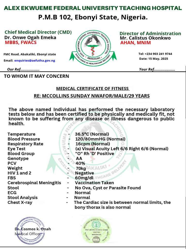 Mcollins Sunday Nwafor Medical Fitness | PDF | Visual Acuity | Medical Specialties