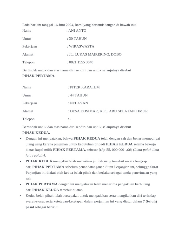 Surat Perjanjian Utang Piutang 2024 | PDF
