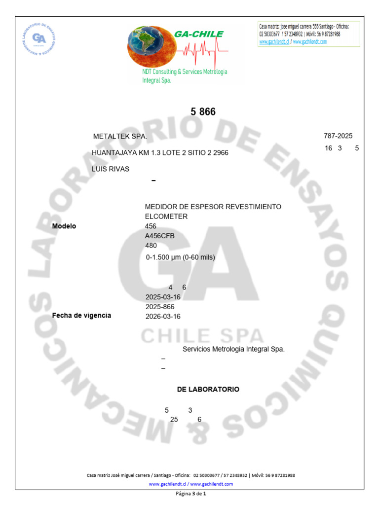 Calibración de MEDIDOR DE ESPESOR REVESTIMIENTO #2025-866 | PDF | Calibración | Metrología