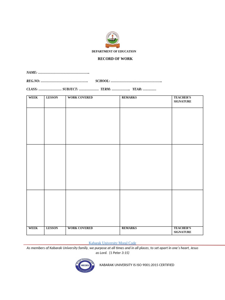 Record of Work Template for Teachers | PDF