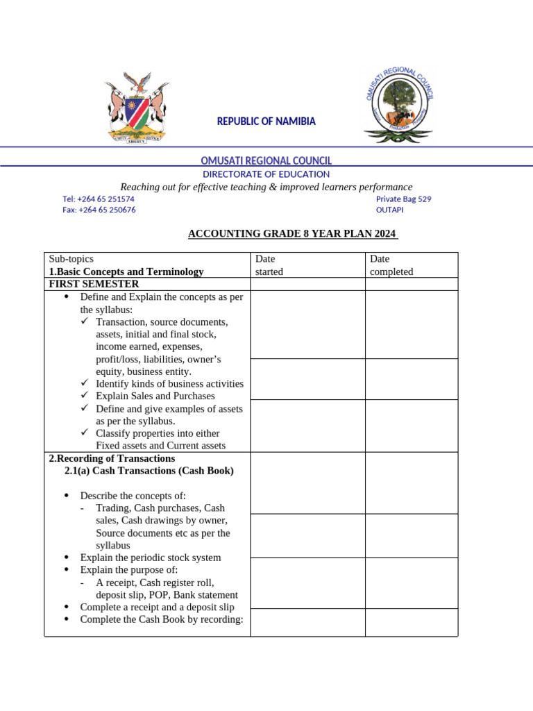 Accounting Grade 8 YEAR PLAN 2024 | PDF | Debits And Credits | Economies