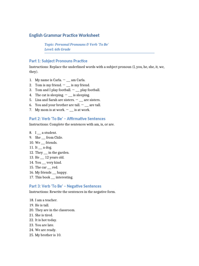 Pronouns and ToBe Exercises 6th Grade | PDF | English Grammar | Languages