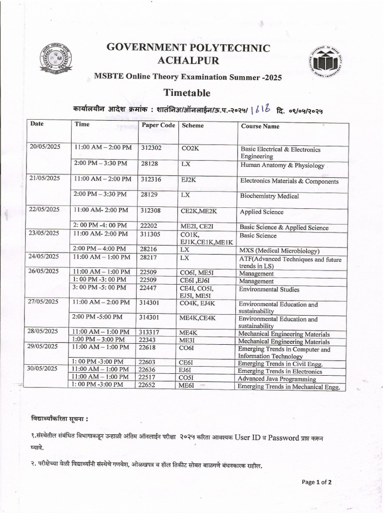 Online Exam Timetable S2025 | PDF