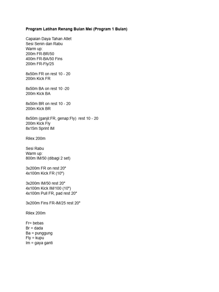 Program Latihan Renang Bulan Mei (Program 1 Bulan) | PDF