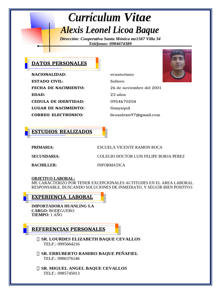 Currículum Vitae Alexis Leonel Licoa Baque | PDF