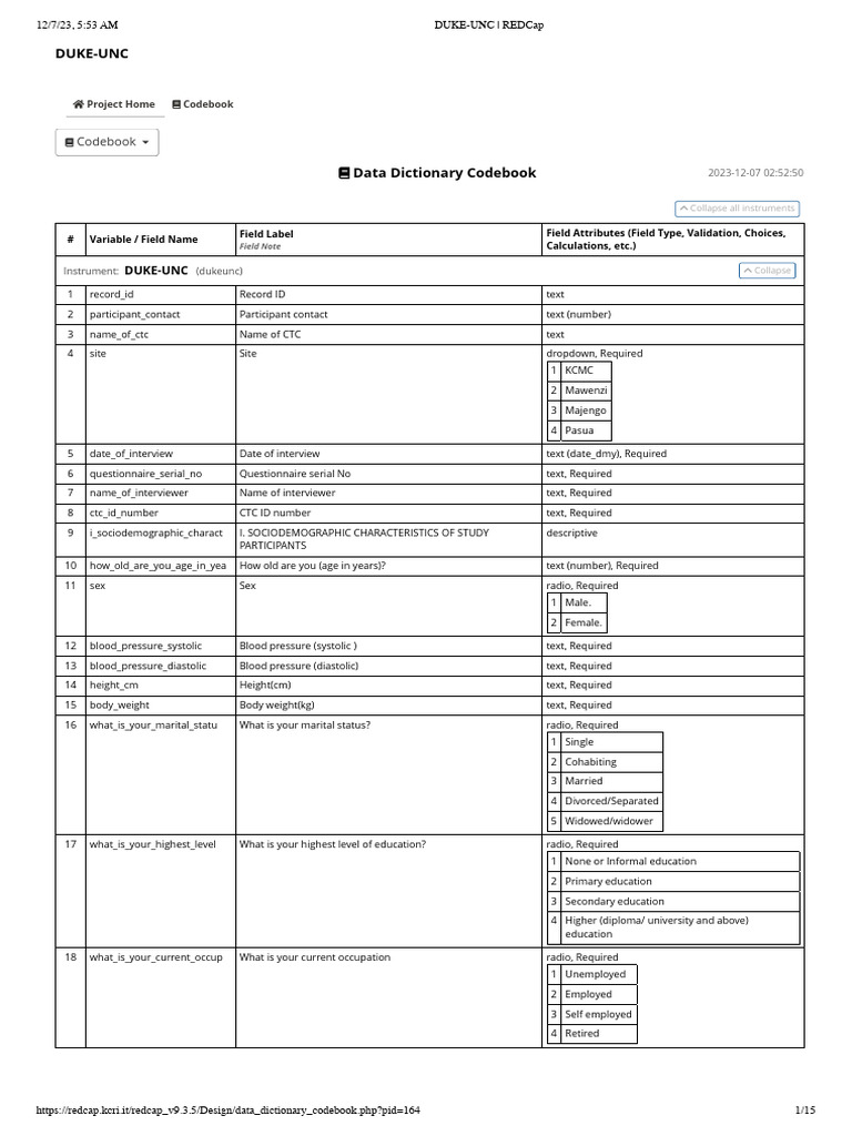 DUKE-UNC - REDCap Code Book 3 | PDF