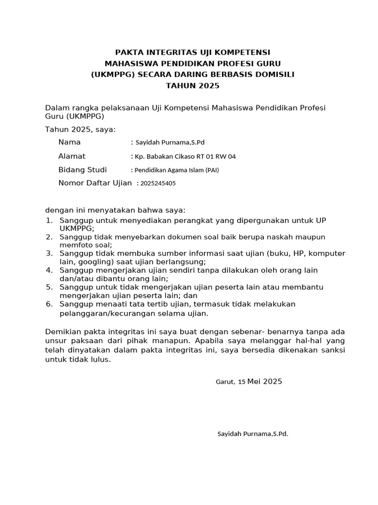 Pakta Integritas Uji Kompetensi Mahasiswa | PDF