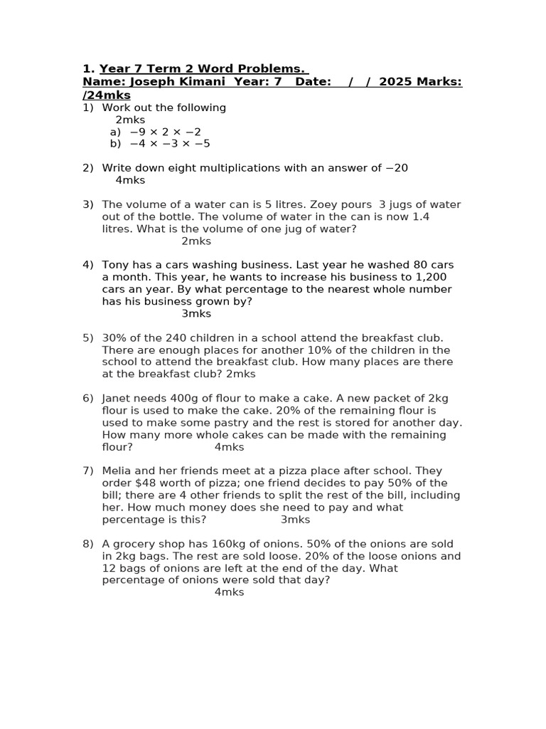 Year 7 Term 2 Word Problems | PDF