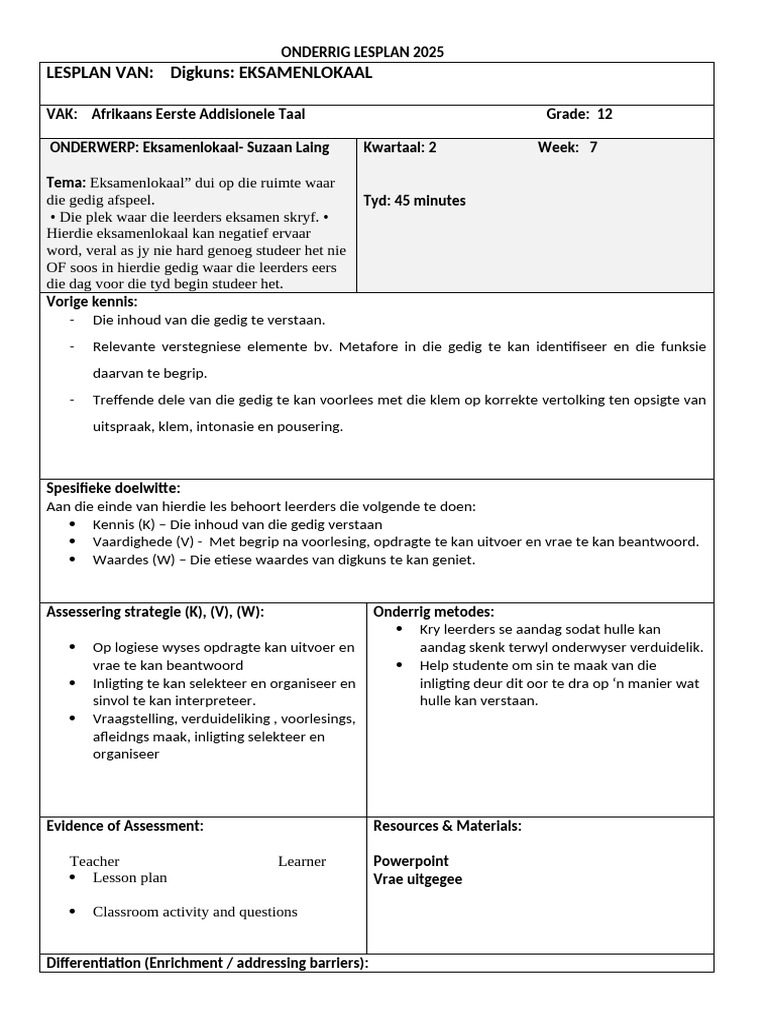 GR 12 AFrikaans EKsamenlokaal Lesplan QMS | PDF
