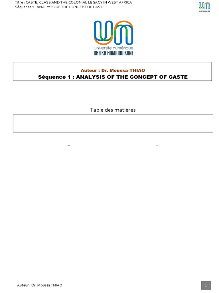 ANALYSIS OF THE CONCEPT OF CASTE - Séquence 1 | PDF | Caste | West Africa