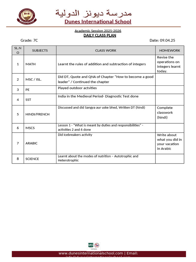 Grade 7C Daily Class Plan 2025-2026 | PDF