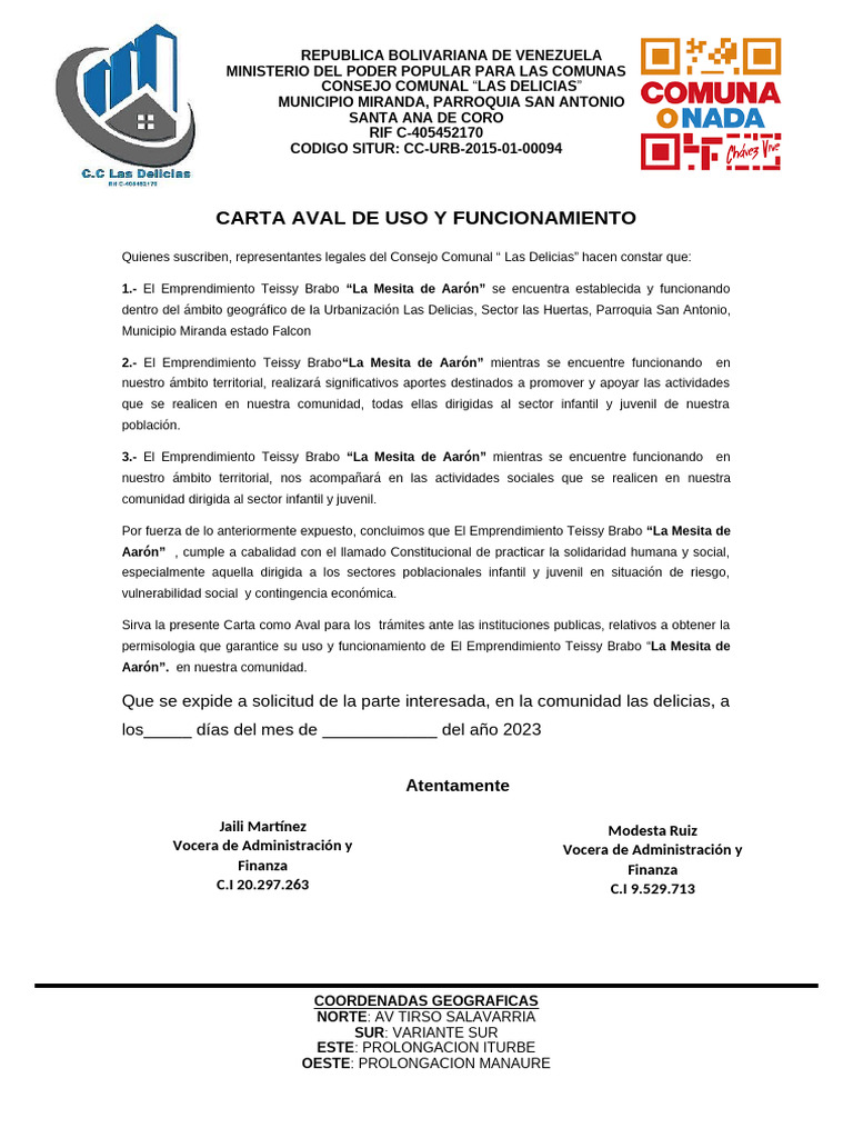Carta Aval de Funcionamiento Emprendimiento | PDF | Gobierno