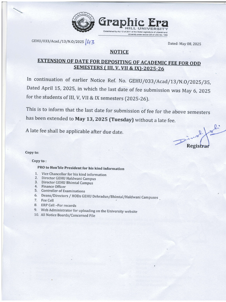 Notice No 43 Extension of Date For Depositing of Academic Fee For Odd ...