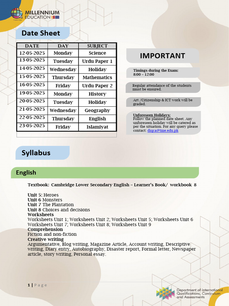 Class 7 Final Exam Date Sheet 2025 | PDF | Area | Ratio
