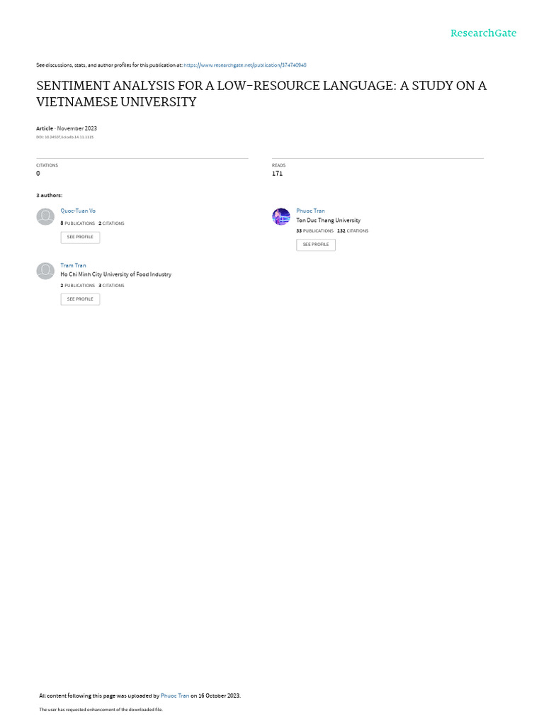 SENTIMENT ANALYSIS FOR A LOW-RESOURCE LANGUAGE A STUDY ON A Vietnamese University | PDF | Learning