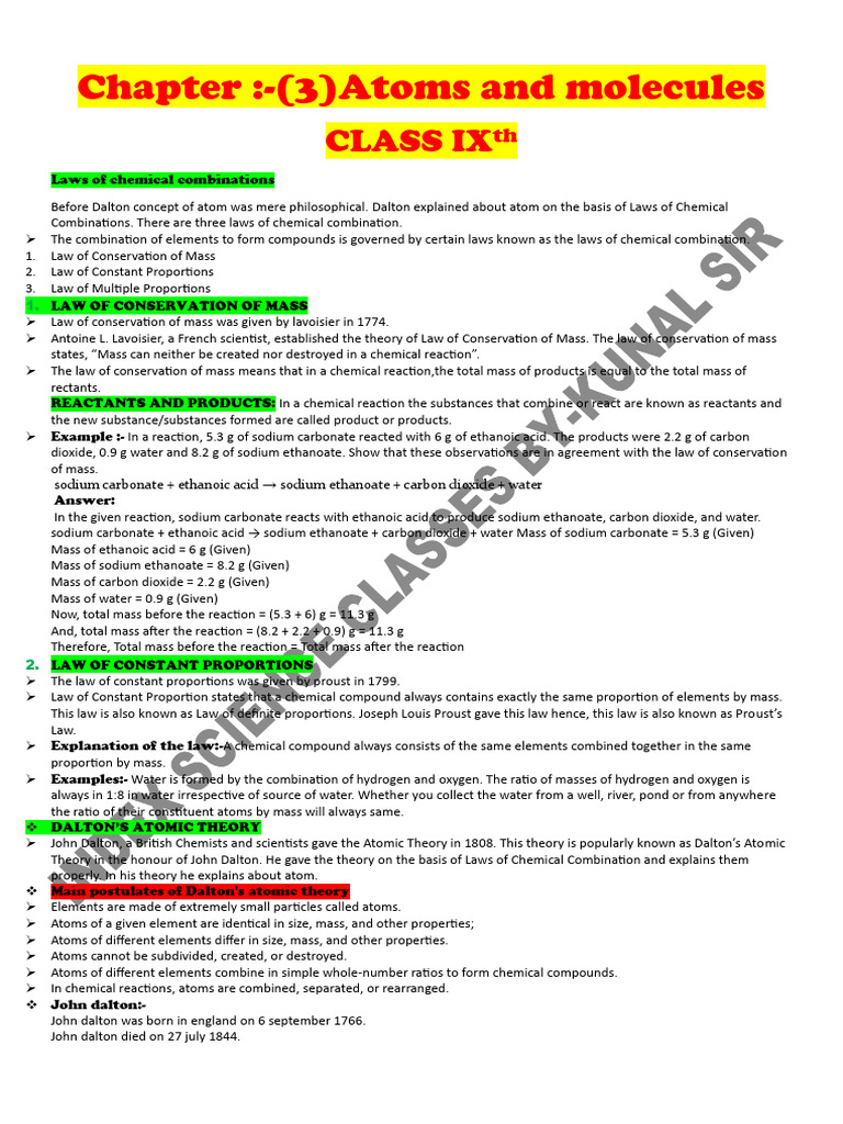 Chapter 3 Atoms and Molecules | PDF | Mole (Unit) | Ion