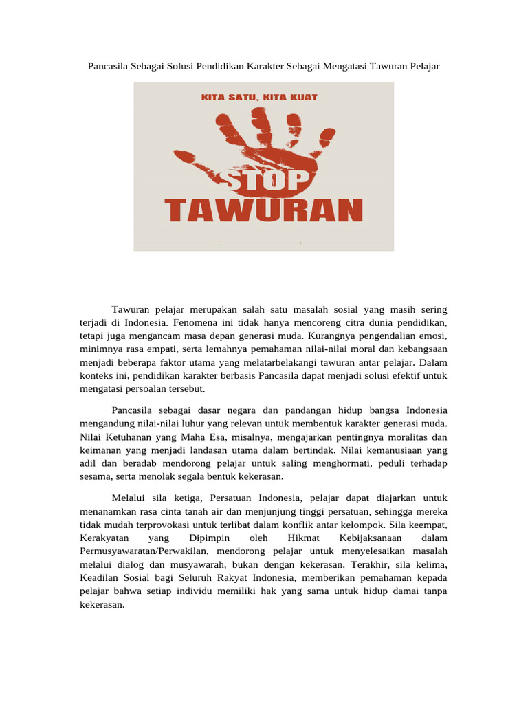 Pancasila Sebagai Solusi Pendidikan Karakter Sebagai Mengatasi Tawuran ...