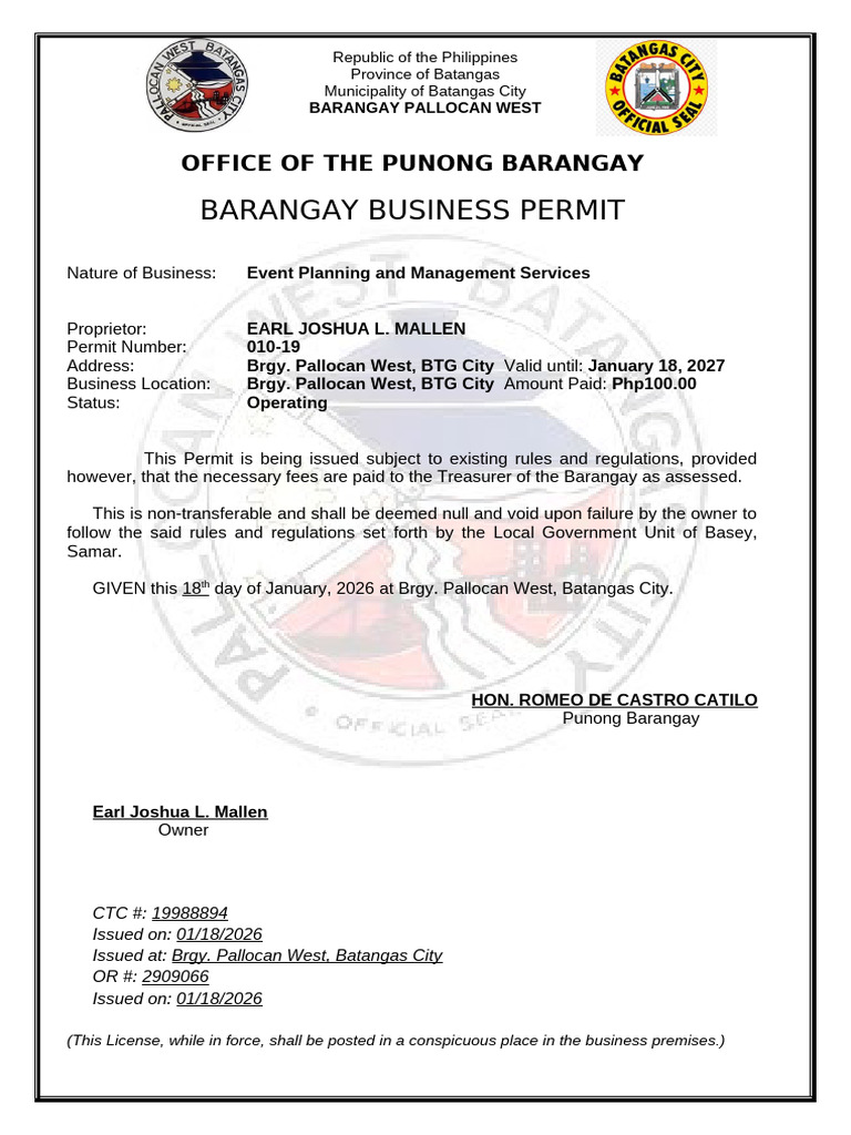 Barangay Business Permit | PDF