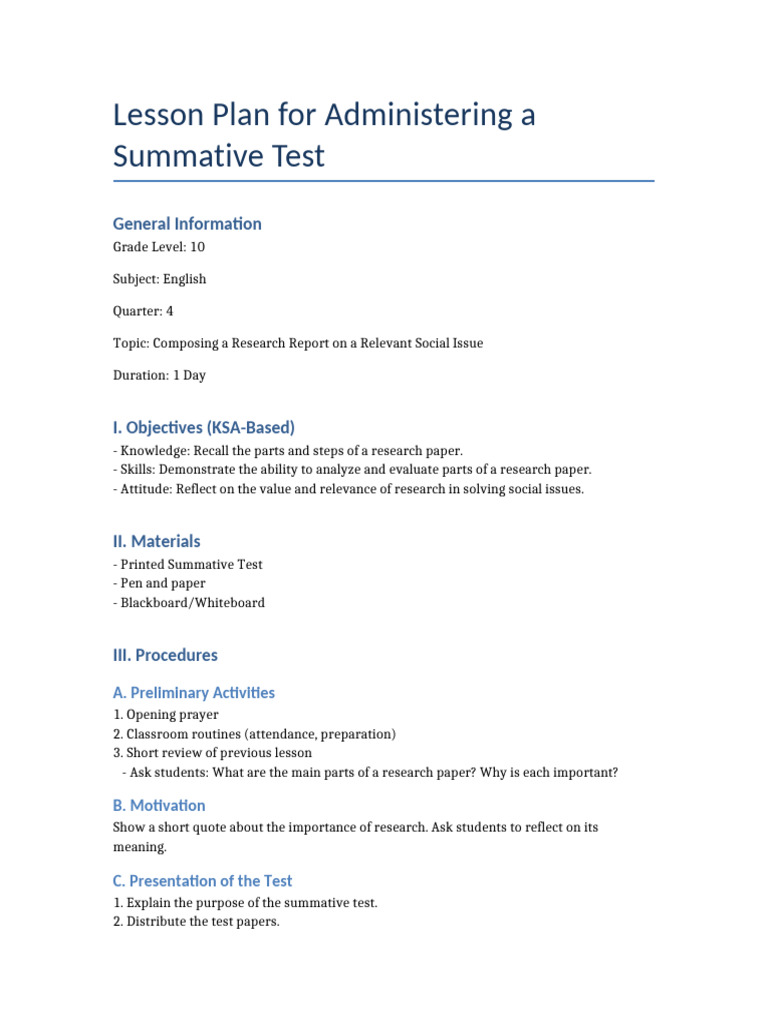 Lesson Plan Summative Test | PDF