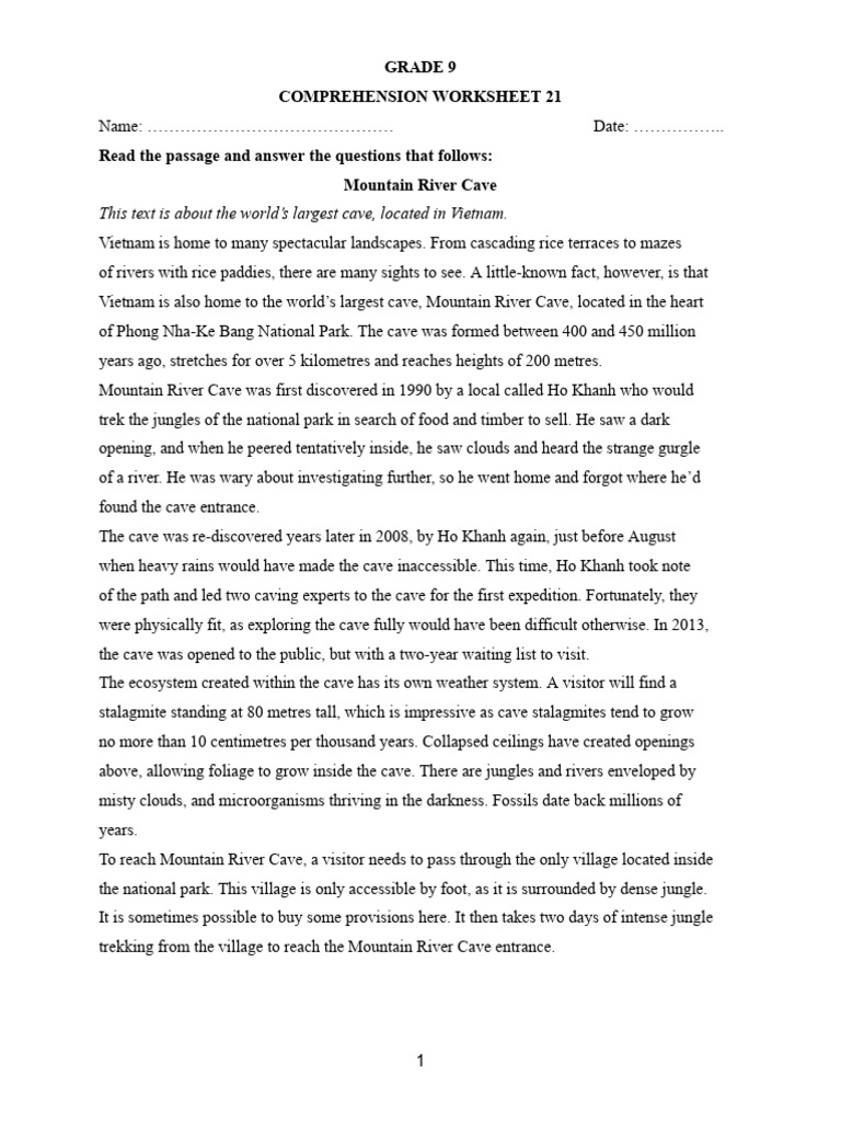 Comprehension Ws21 - Mountain Rivers | PDF