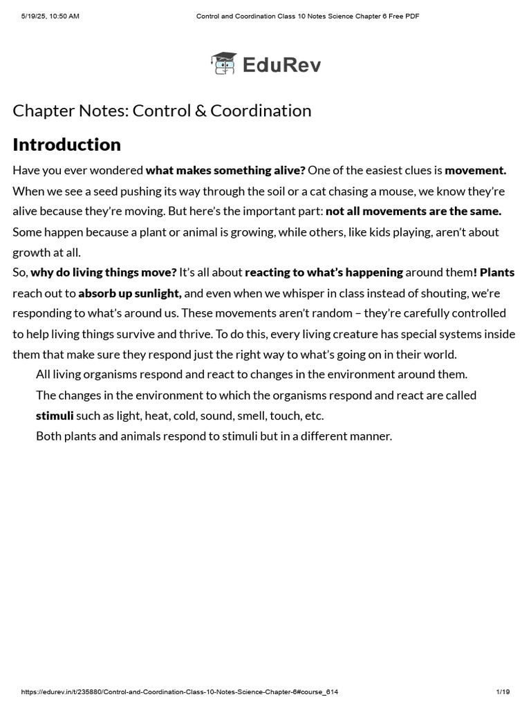 Control and Coordination Class 10 Notes Science Chapter 6 Free PDF ...
