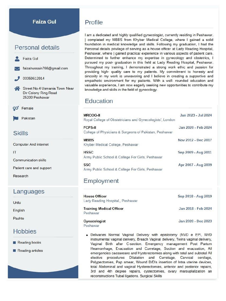 DR FAiza Gul CV (F) | PDF