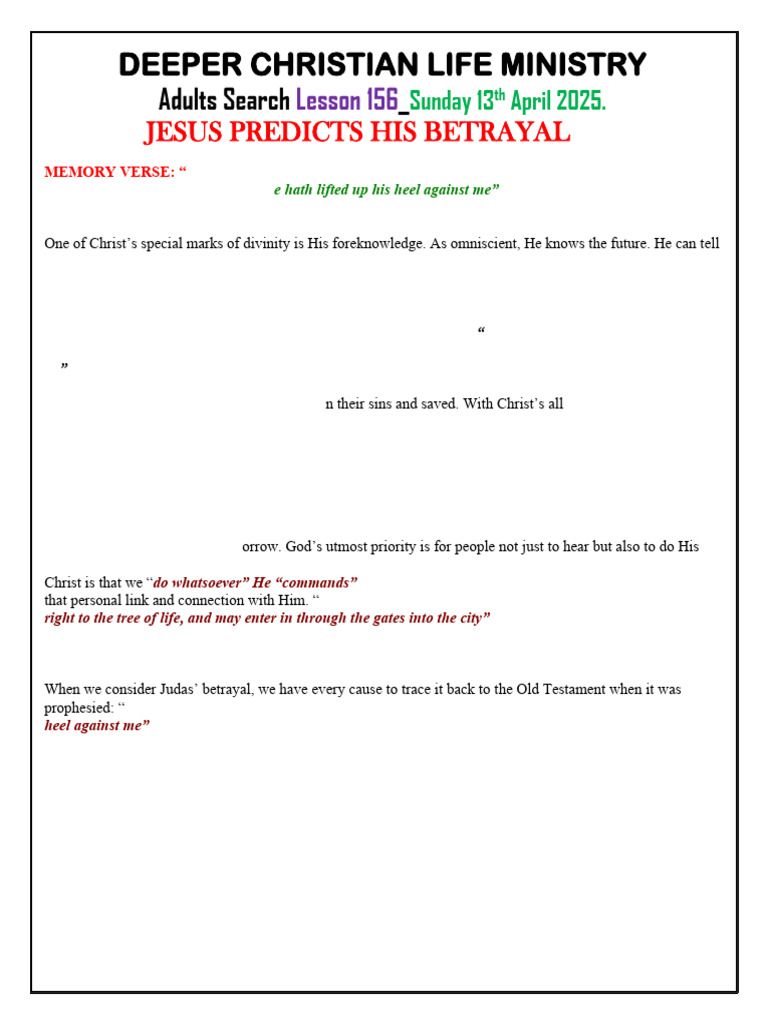 Adult STS Lesson 156 Jesus Predicts His Betrayal | PDF | Jesus | Judas ...