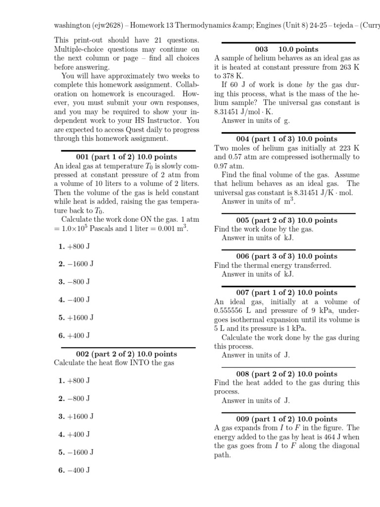 Homework 13 Thermodynamics & Engines (Unit 8) 24-25-Problems | PDF ...