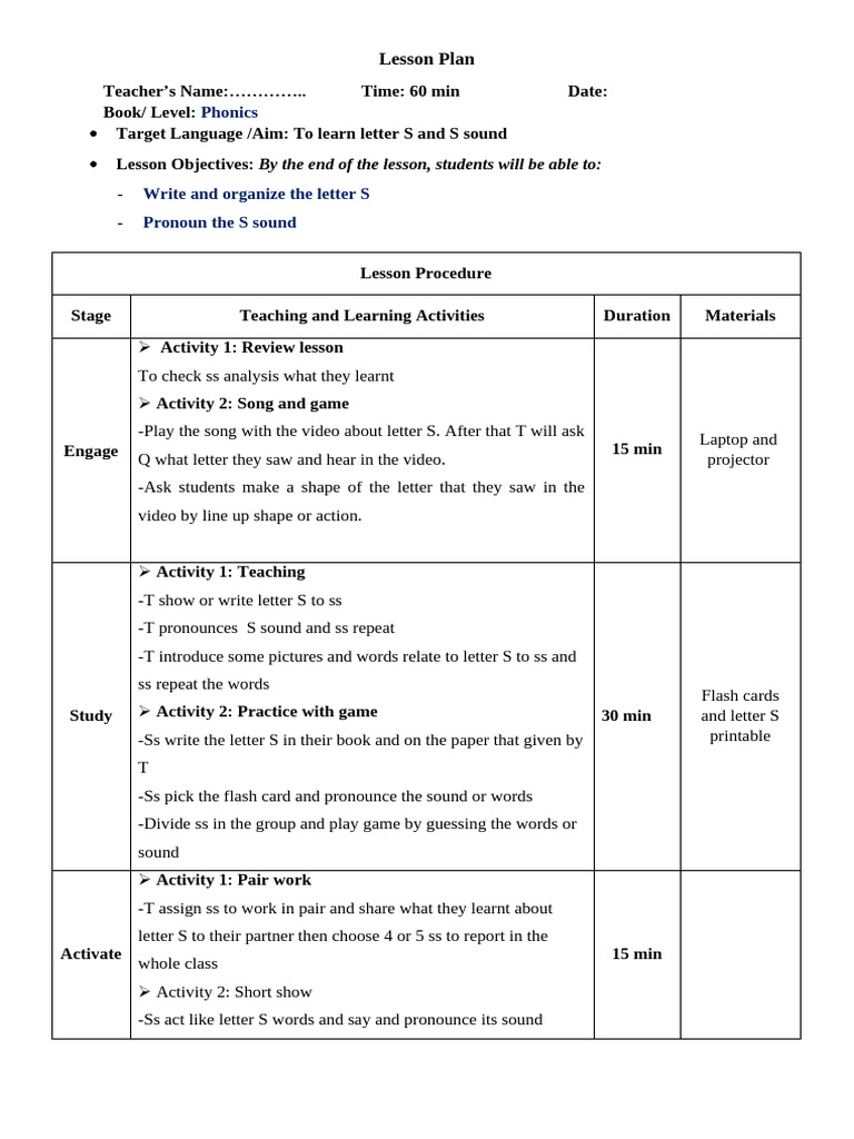 ESA Lesson Plan for Letter S | PDF
