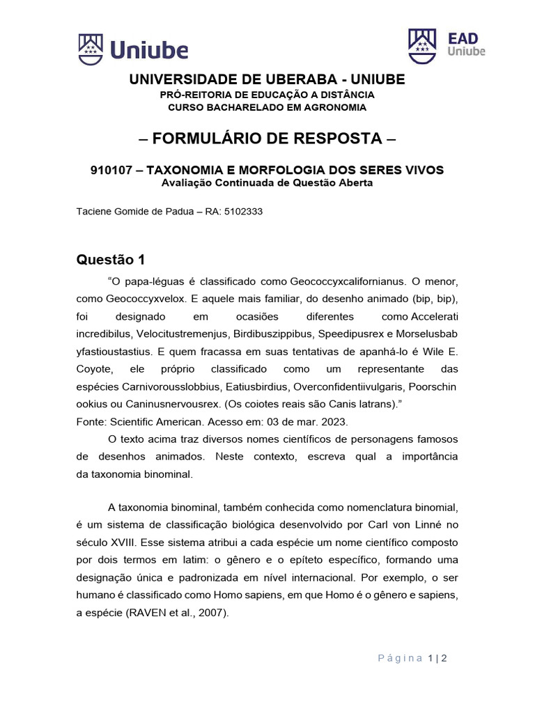 Acqa Taxonomia e Morfologia Dos Seres Vivos Taciene Padua (1) | PDF ...