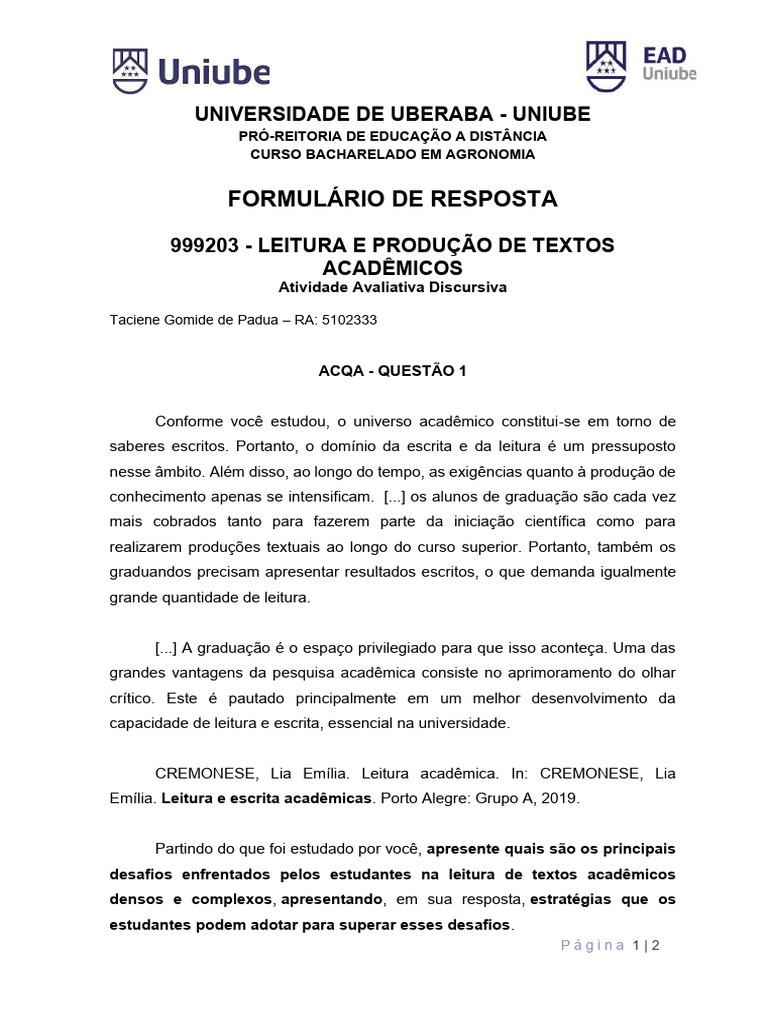 Acqa Leitura e Produ o de Textos Acad Micos Taciene Padua | PDF ...