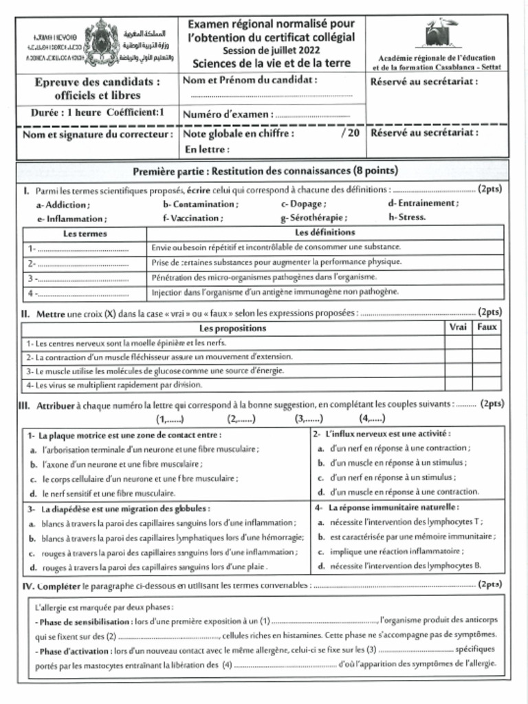 Examen Régional - 3apic - Sciences de La Vie Et de La Terre - Casablanca-Settat - 2022 | PDF