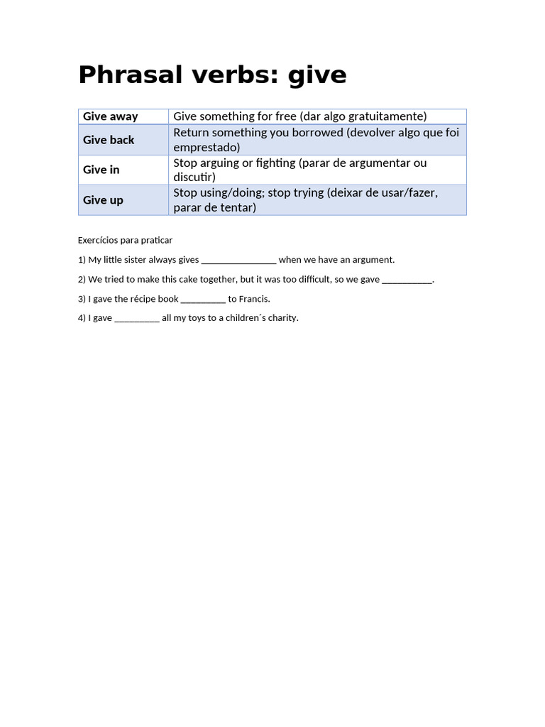 Exercises for Phrasal Verbs with Give | PDF
