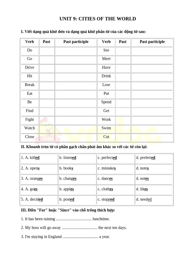 Bai Tap Tieng Anh Lop 6 Thi Diem Unit 9 Cities of The World | PDF ...