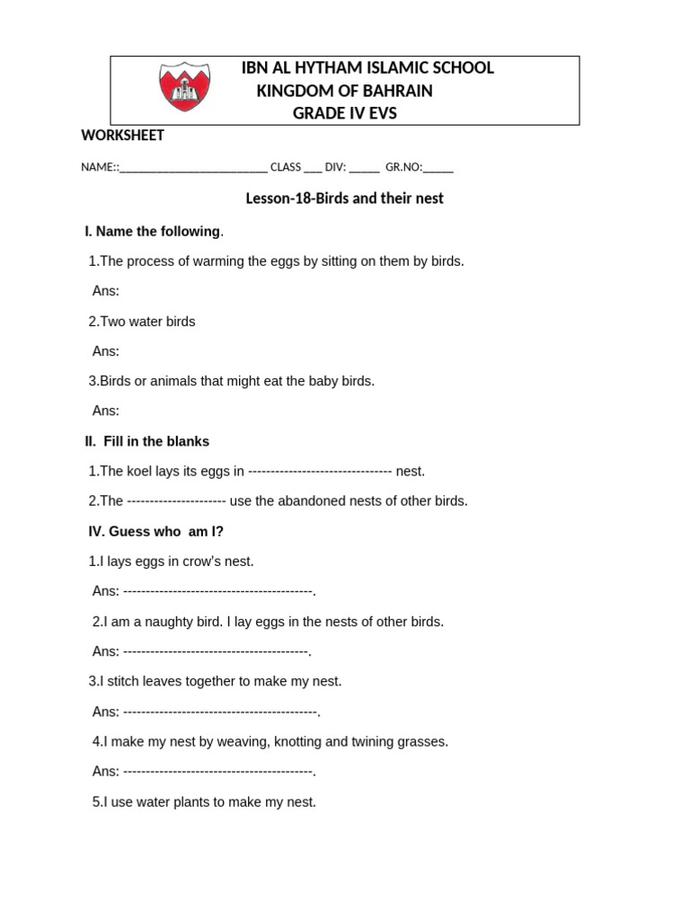 Birds and Their Nest Worksheet - Class 4 | PDF