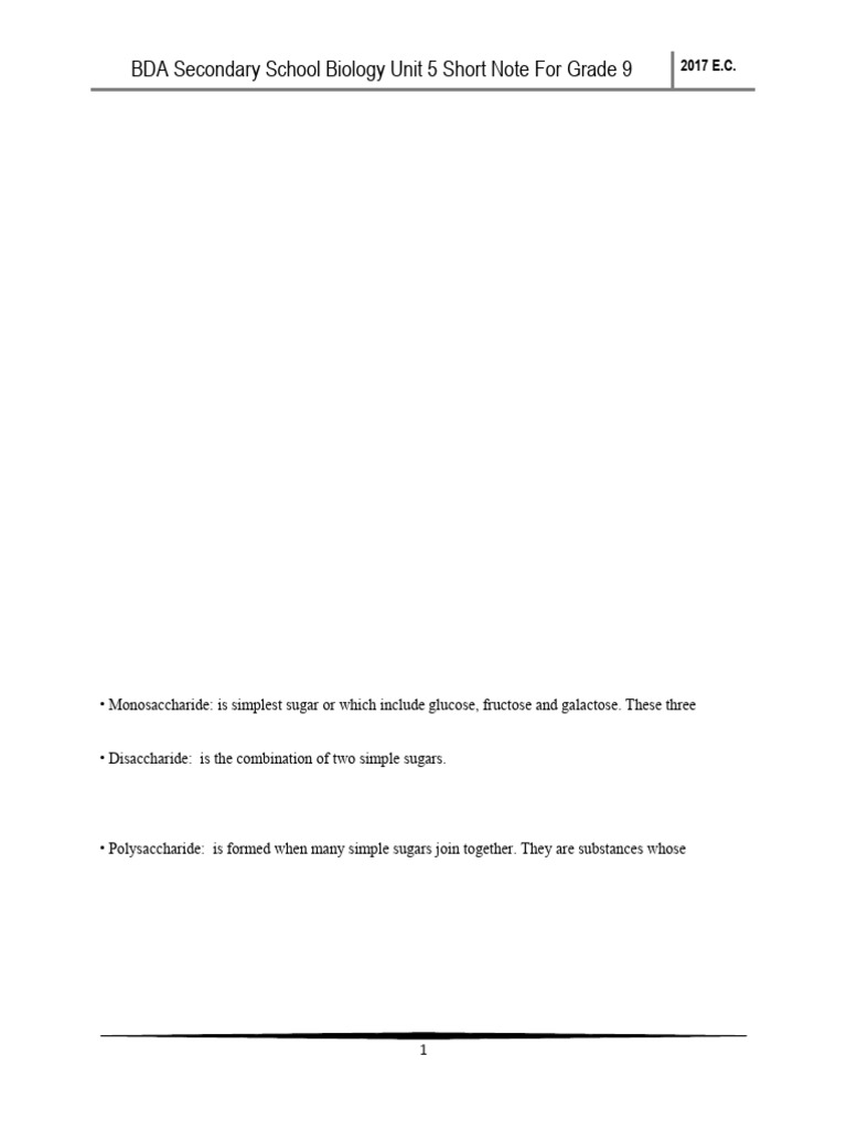 Unit 5 biology short note for grade 9 | PDF | Nutrients | Carbohydrates