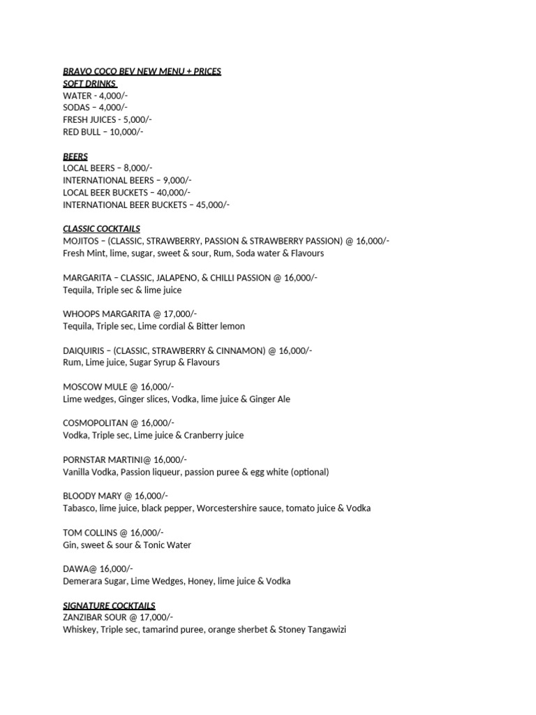 Bravo Coco Beach Menu & Prices | PDF | Drink | Alcoholic Drinks