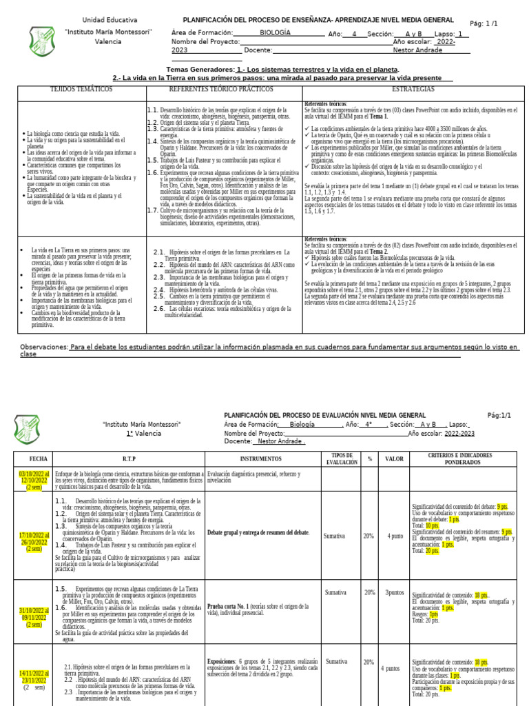 IEMM_Plan de evaluacion de 1ER LAPSO BIOLOGIA_ 4TO AÑO_A y B_2022-2023_Nestor Andrade_modificado ...