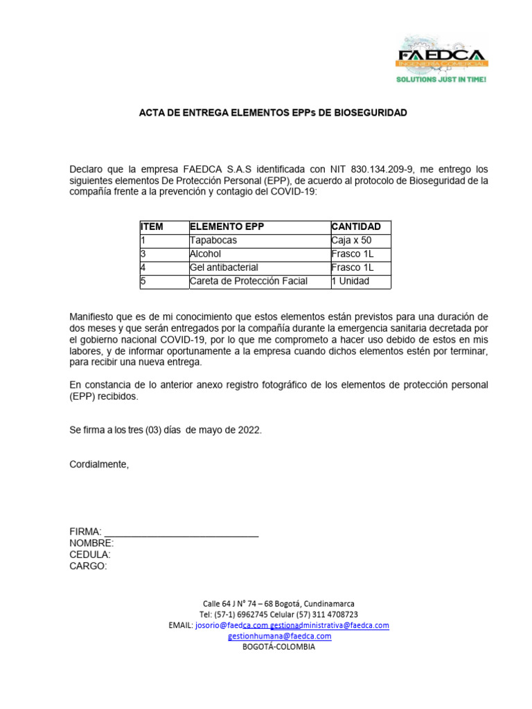 Acta Entrega Epps de Bioseguridad Mayo 2022-1 | PDF