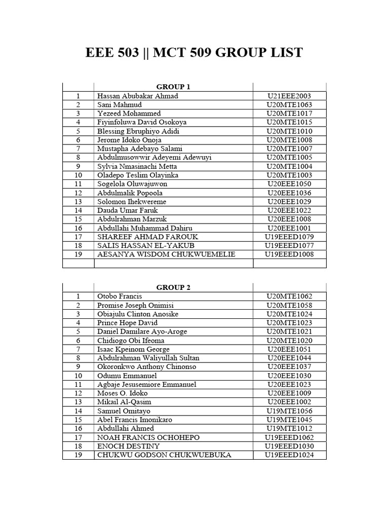 EEE 503 = MCT 509 - GROUPING LIST FINAL | PDF