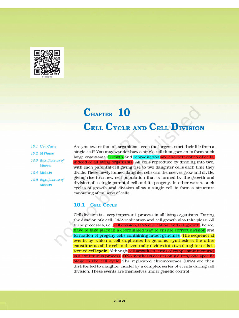 NCERT HIGHLIGHT- CELL CYCLE AND CELL DIVISION | PDF
