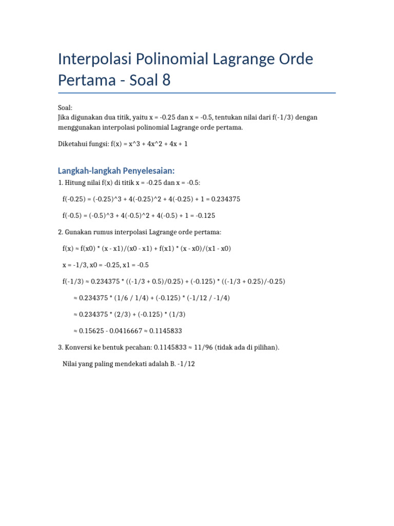 Interpolasi Lagrange Orde Pertama Soal 8 | PDF