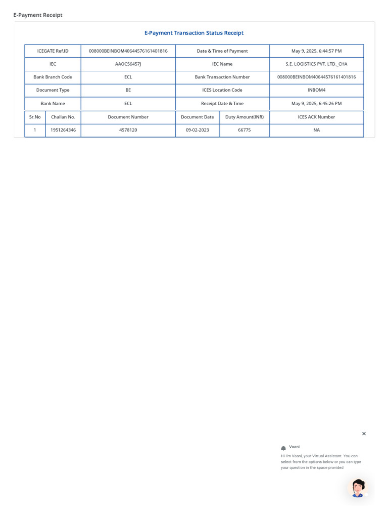 ICEGATE E-Payment Receipt Details | PDF