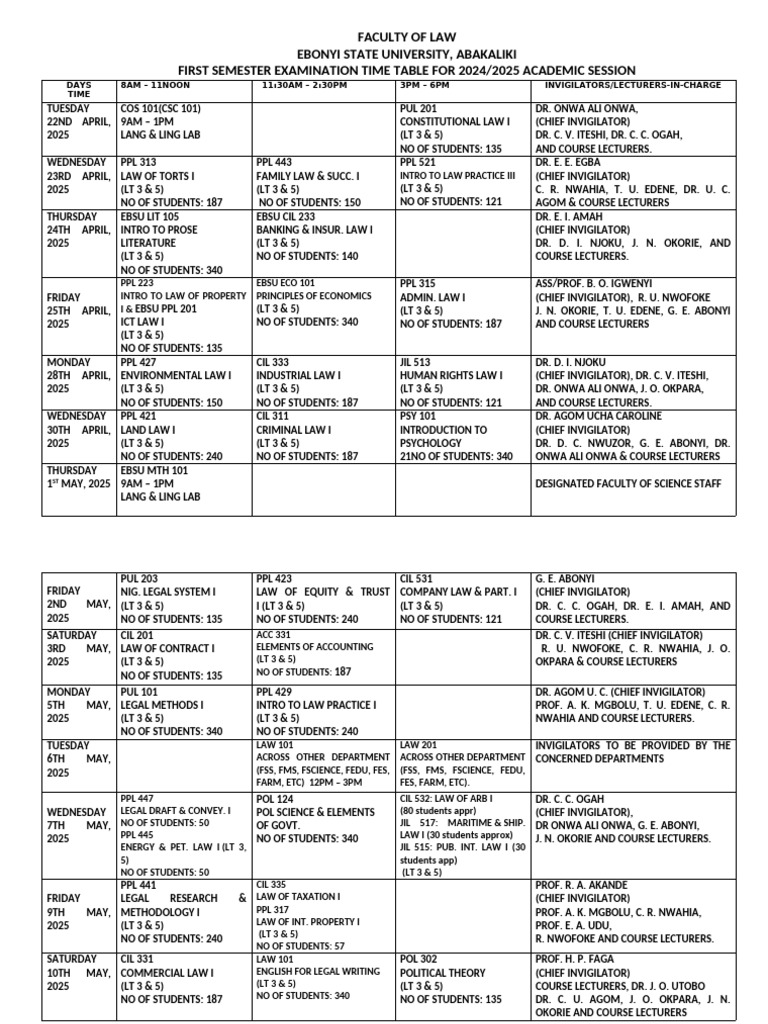 Law Exam Timetable 2024/2025 | PDF