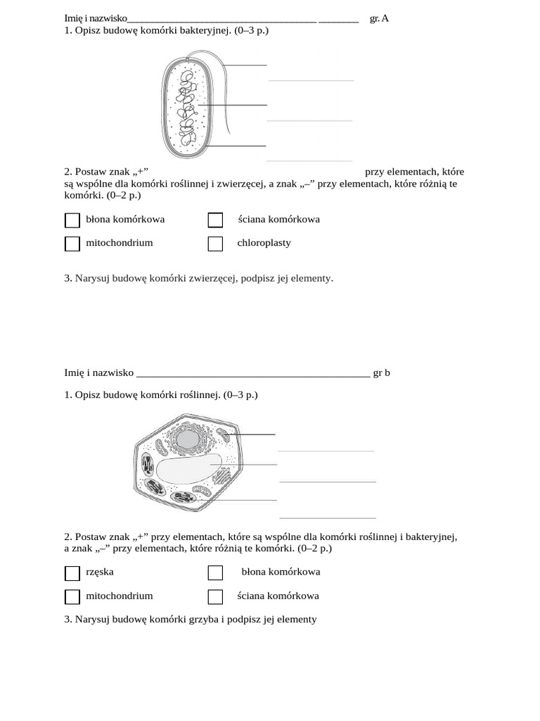 Kartkowka Komorka Roslinna Inne Rodzaje Komorek | PDF