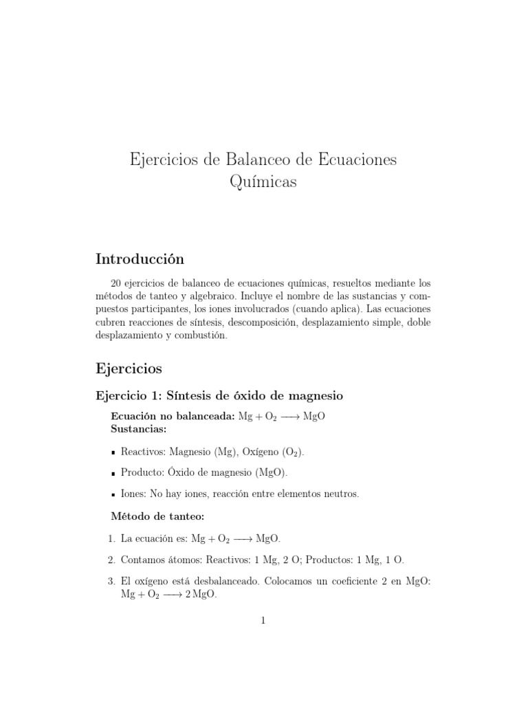 Balanceo Ecuaciones | PDF | Ácido clorhídrico | Magnesio