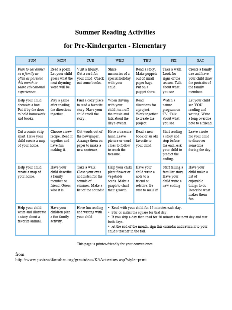 Summer Reading Ideas Calendar | PDF
